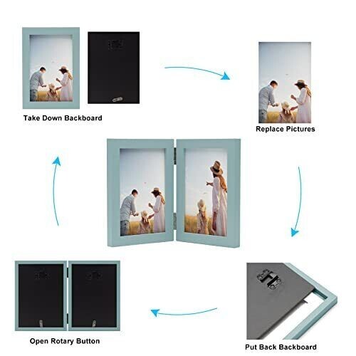 Double 4X4 Picture Frames Hinged Folding Photo Frames in Teal Blue for ...