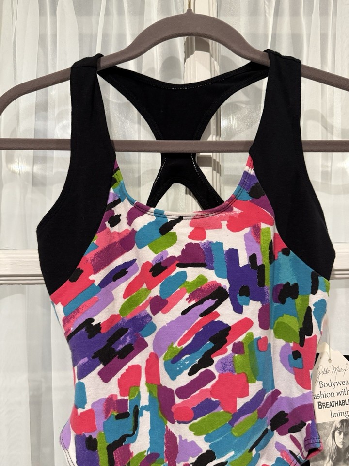 RARE NOS VTG 80s 90s leotard S activewear aerobics abstract Thong gym ...