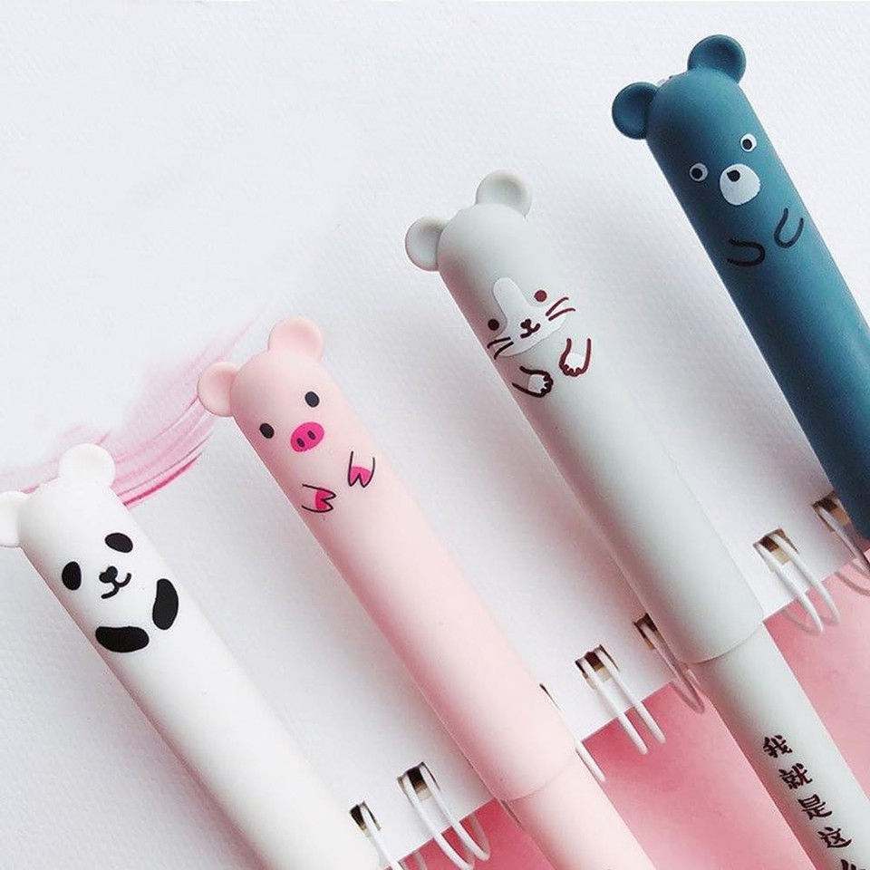 8pcs Erasable Gel Ink Pens with 24 Refills, Cartoon Cat Pig Bear Panda ...