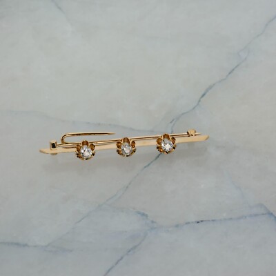 14K Rose Gold Diamond Bar Pin, 3 round old mine cut diamonds app. 1 ct ...