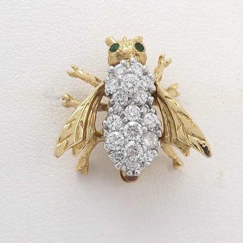 14k Gold Diamond Emerald Bee Brooch Pin Honey Bumble Vintage Designer ...