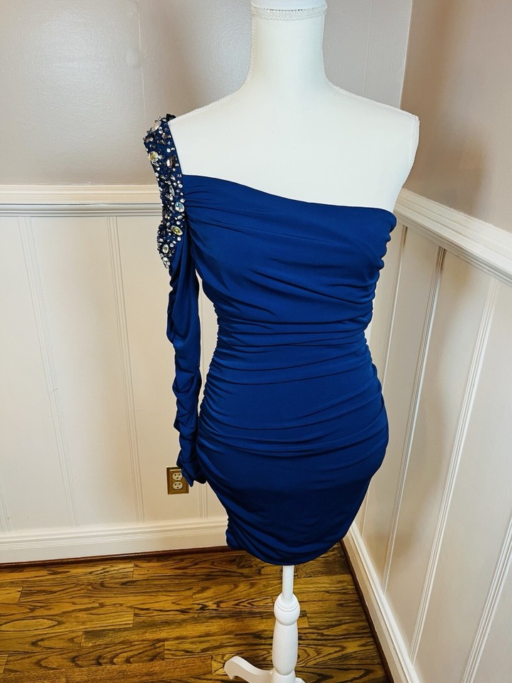 CITY TRIANGLES Bandage Dress One Shoulder Blue Beaded Sz M Prom Club ...