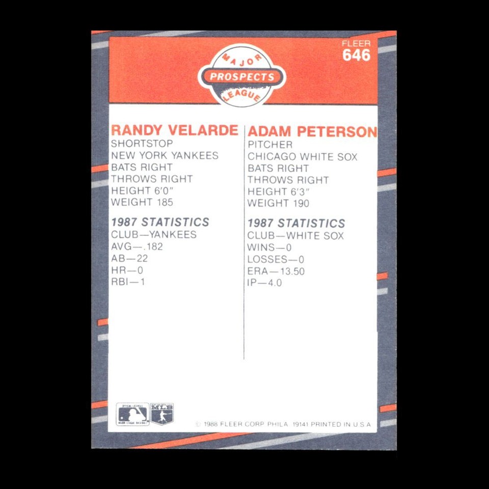 Randy Velarde/Adam Peterson 1988 Fleer Rookie New York Yankees/Chicago ...