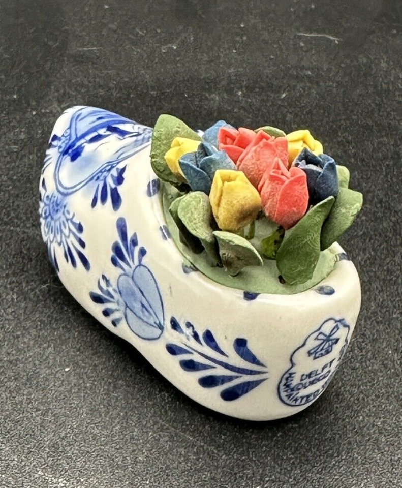 Hand-painted Delft Deco Holland Blue & White Porcelain Clog w/ Tulips ...