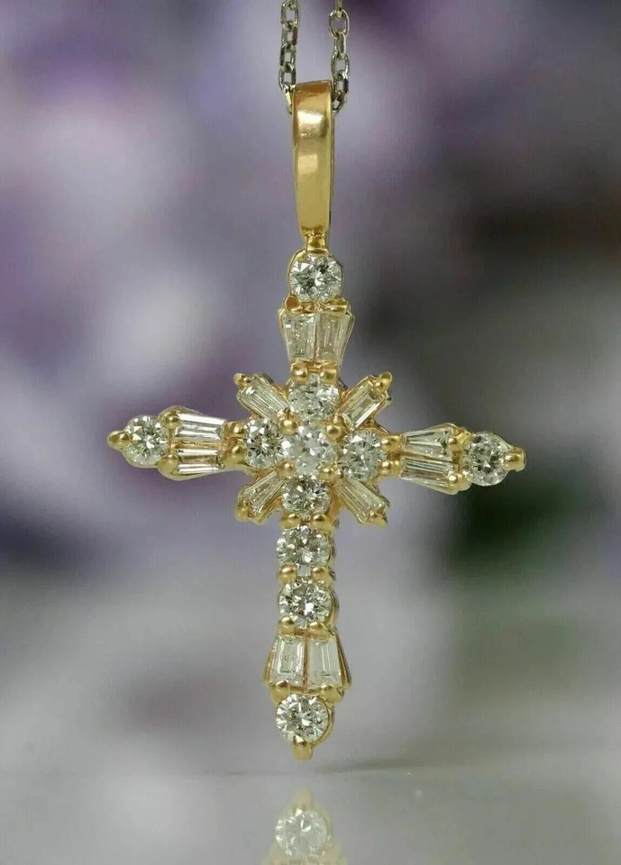 2.30Ct Round Cut Lab Created Diamond Cross Pendant 14K Yellow Gold ...