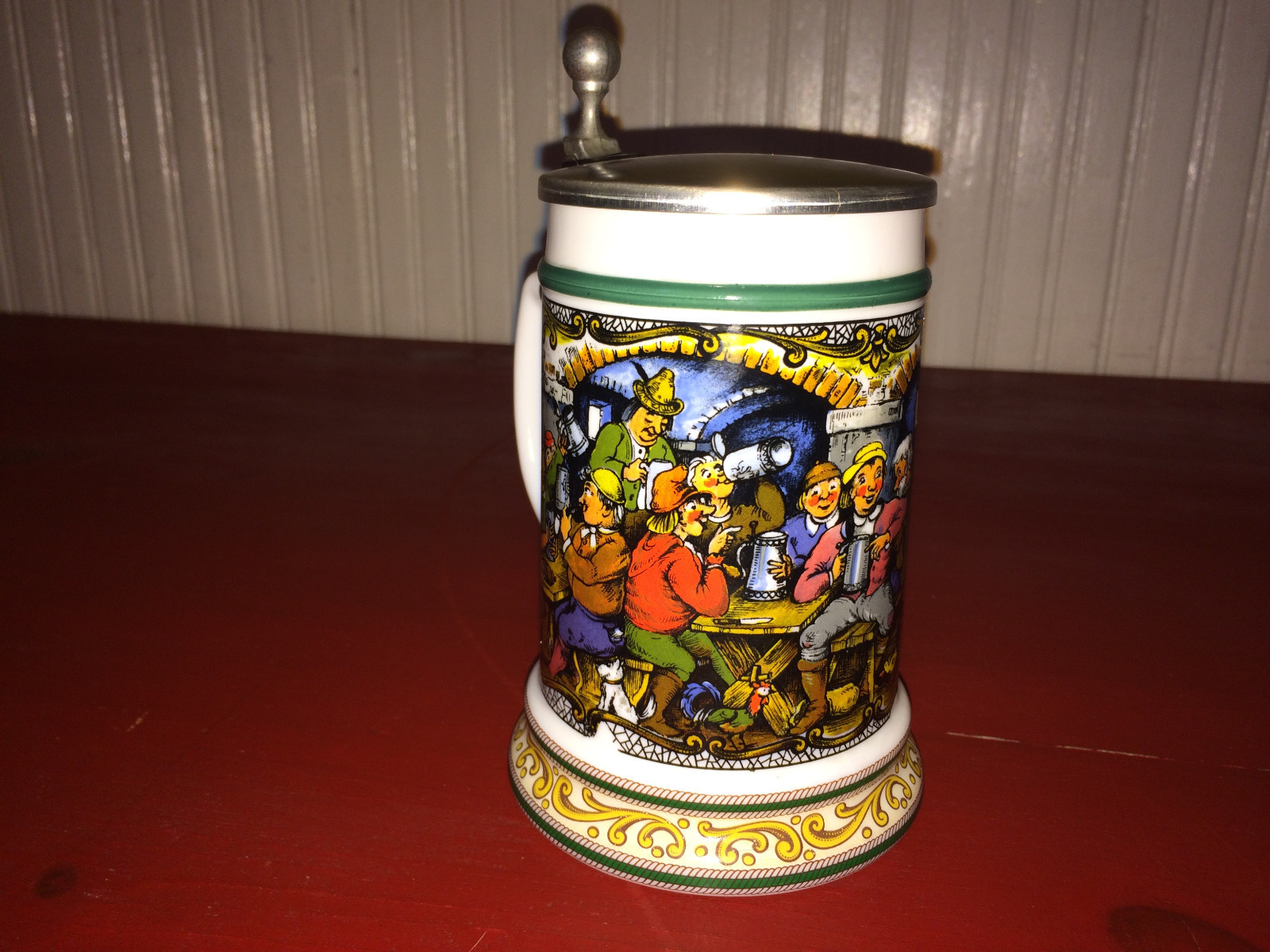 Original German BMF Bierseidel Milk Glass Pub Scene Lidded Beer Stein ...