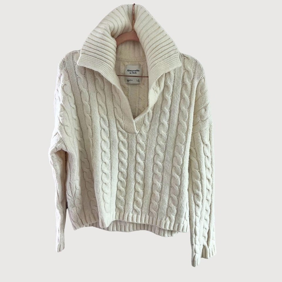 Abercrombie & Fitch Cable Knit Notch-Neck Sweater, Cream, Size S | eBay