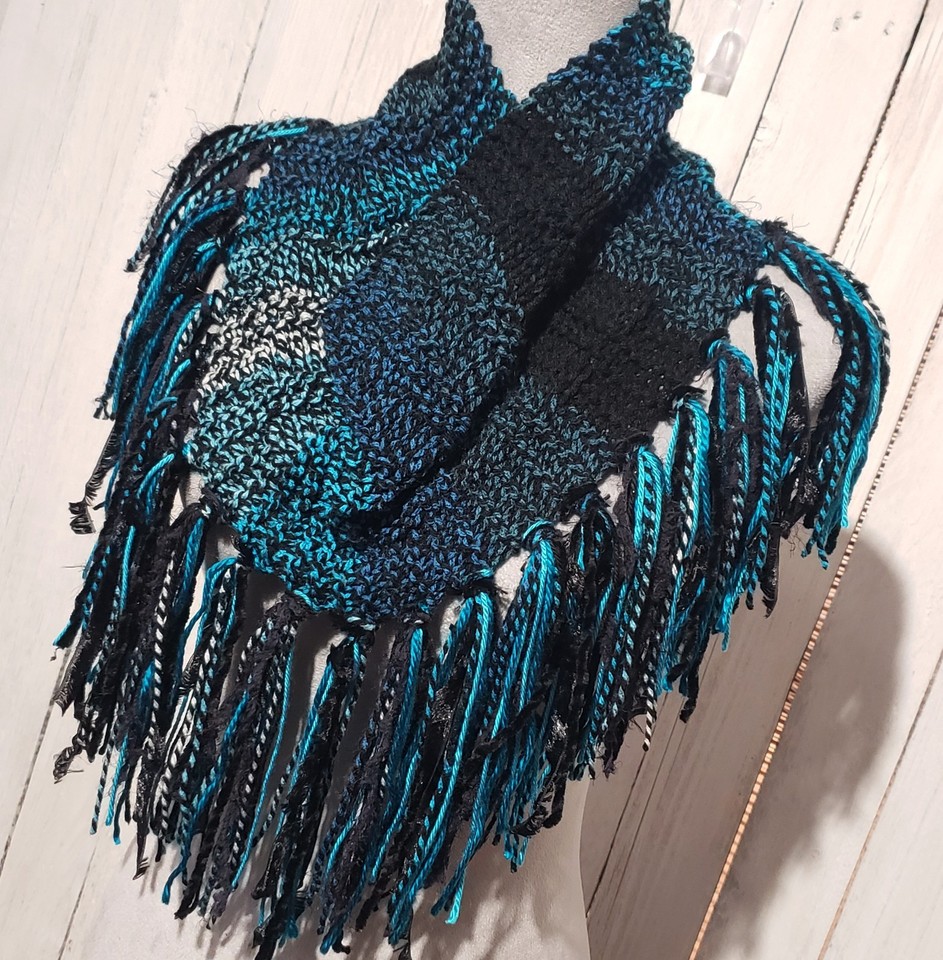 NEW Hand Knitted Cowl Scarf Black Aqua Mosaic Boho Indie Artsy Glam ...
