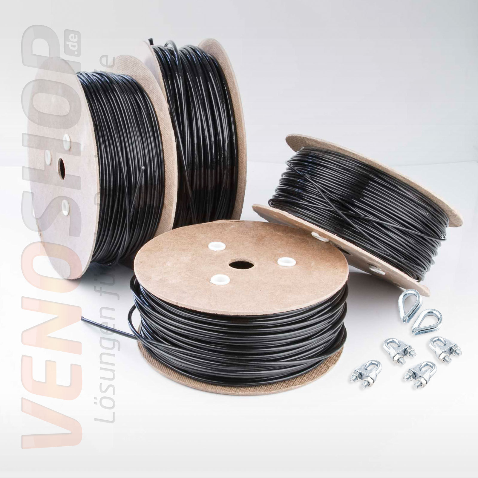 SCHWARZ: STAHLSEIL PVC SET: 2 Kauschen 4 Klemmen Seil Seile Drahtseil ...