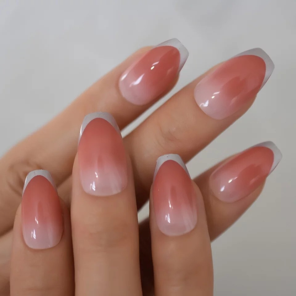24 Ombre Peach glaze silver rim tip medium press on nails glue on kit ...