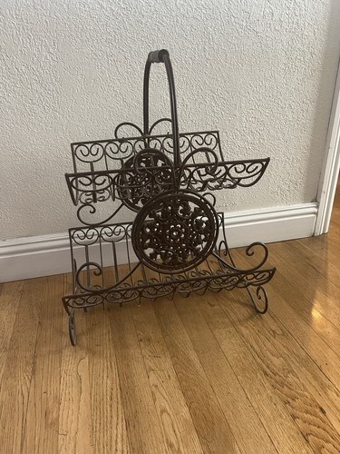 Vintage Ornate Wrought Iron Handmade Scroll Magazine Rack Towel Holder ...