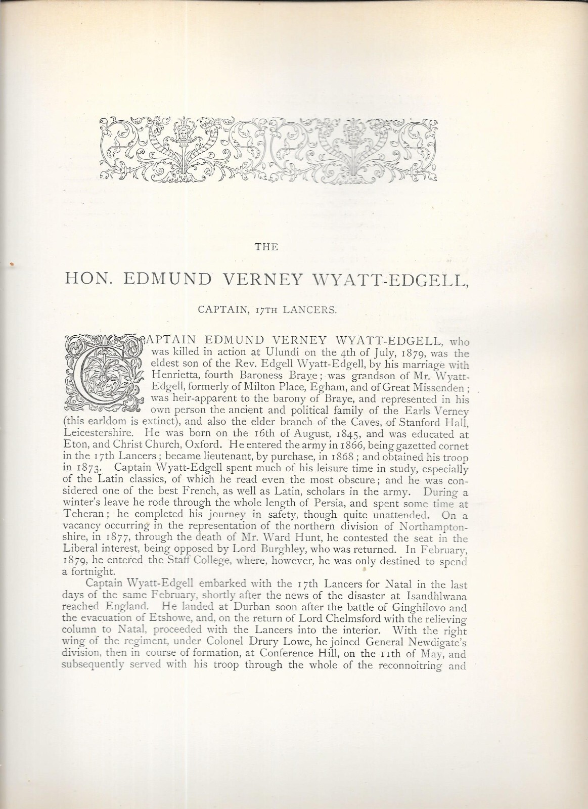 ZULU WAR CAPT. HON. EDMUND VERNEY WYATT-EDGELL, 17TH LANCERS KILLED AT ...