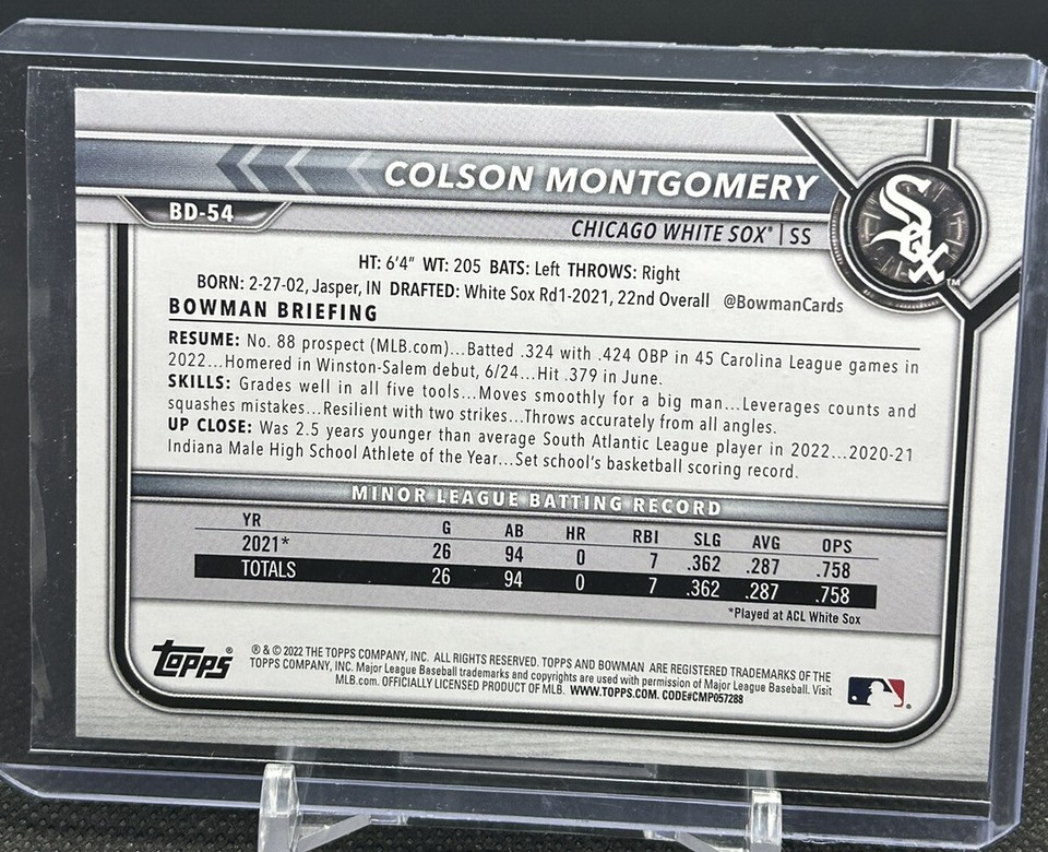 Colson Montgomery 2022 Bowman Draft Light Blue /499 WHC165 White Sox | eBay