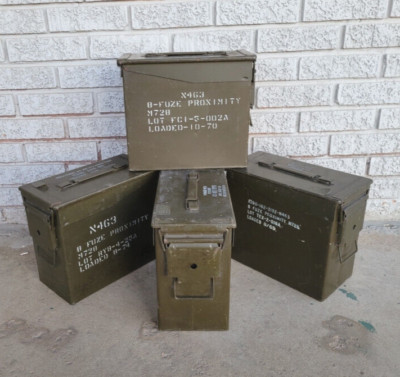 LOT OF 4 METAL AMMO TALL CANS 50 CAL ARMY M728 FUZE MILITARY 50CAL M2A1 ...