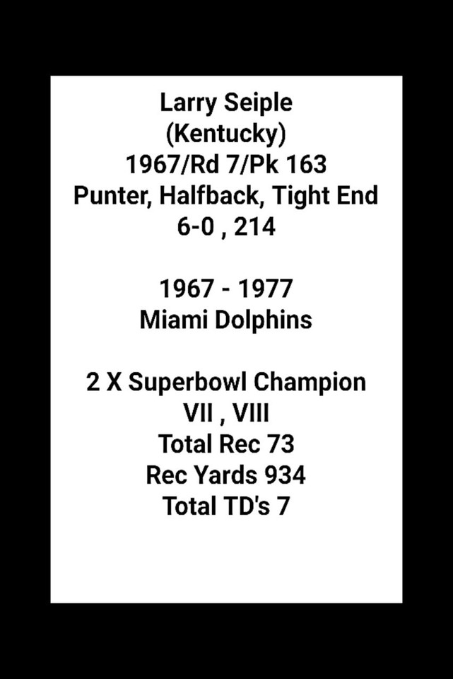 Larry Seiple Custom 4x6 Art Card Miami Dolphins 1972 Super Bowl ...