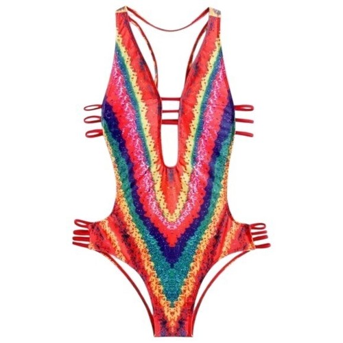 RIVIERA COCO Rainbow Multicolor Swimsuit Large Festival One-Piece Boho ...