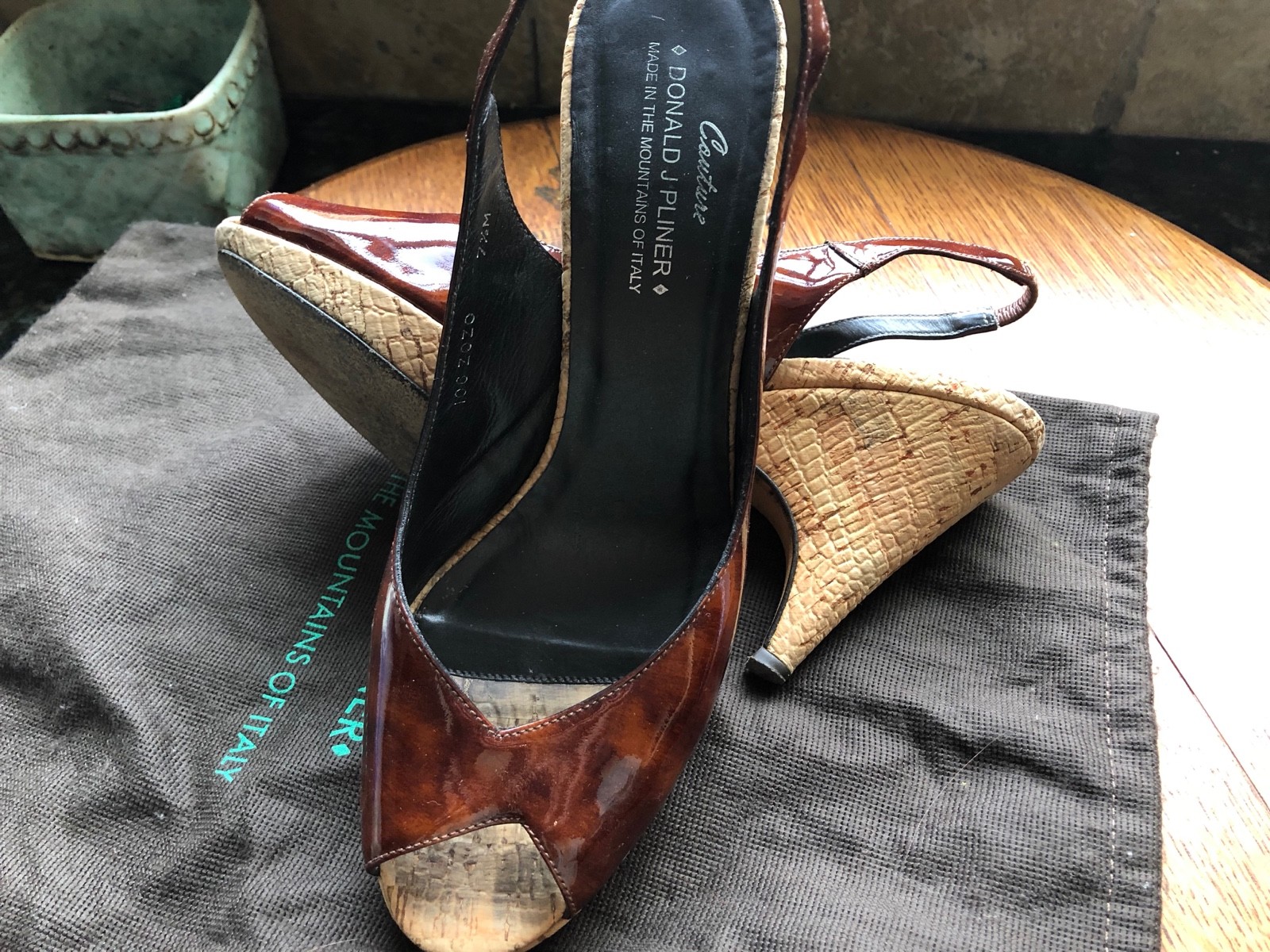 Donald J Pliner Couture Tortoise shell patent brown leather Cork heels ...