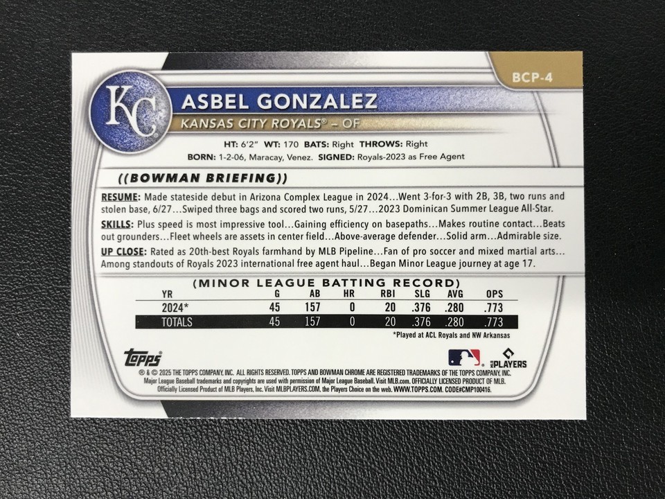 2025 Bowman Chrome Reptilian #BCP-4 Asbel Gonzalez Kansas City Royals ...
