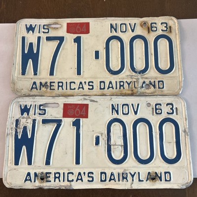 1963 Wisconsin License Plate Pair🔥 W71 000 VTG Antique W/1964 Tags | eBay
