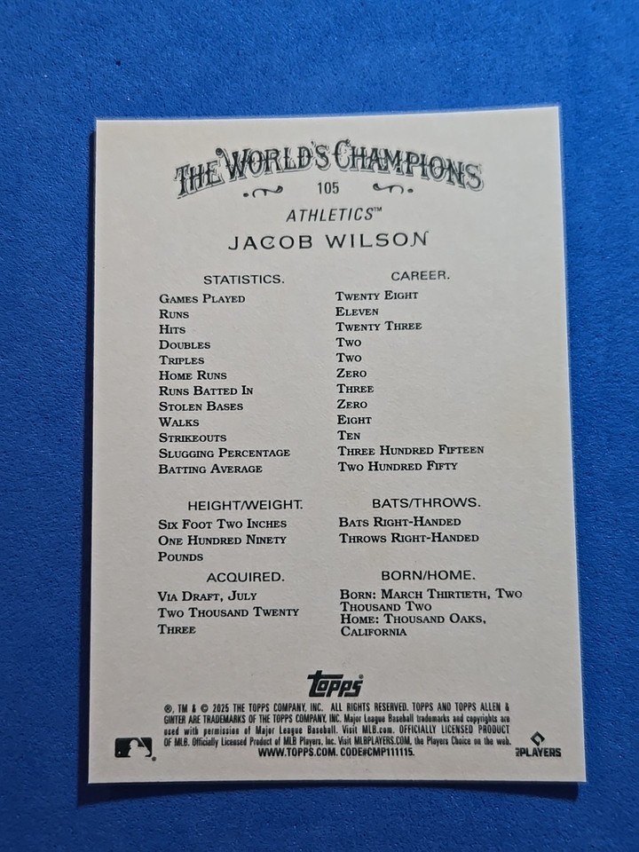 2025 Jacob Wilson ROOKIE RC Topps Allen & Ginter #105 | eBay