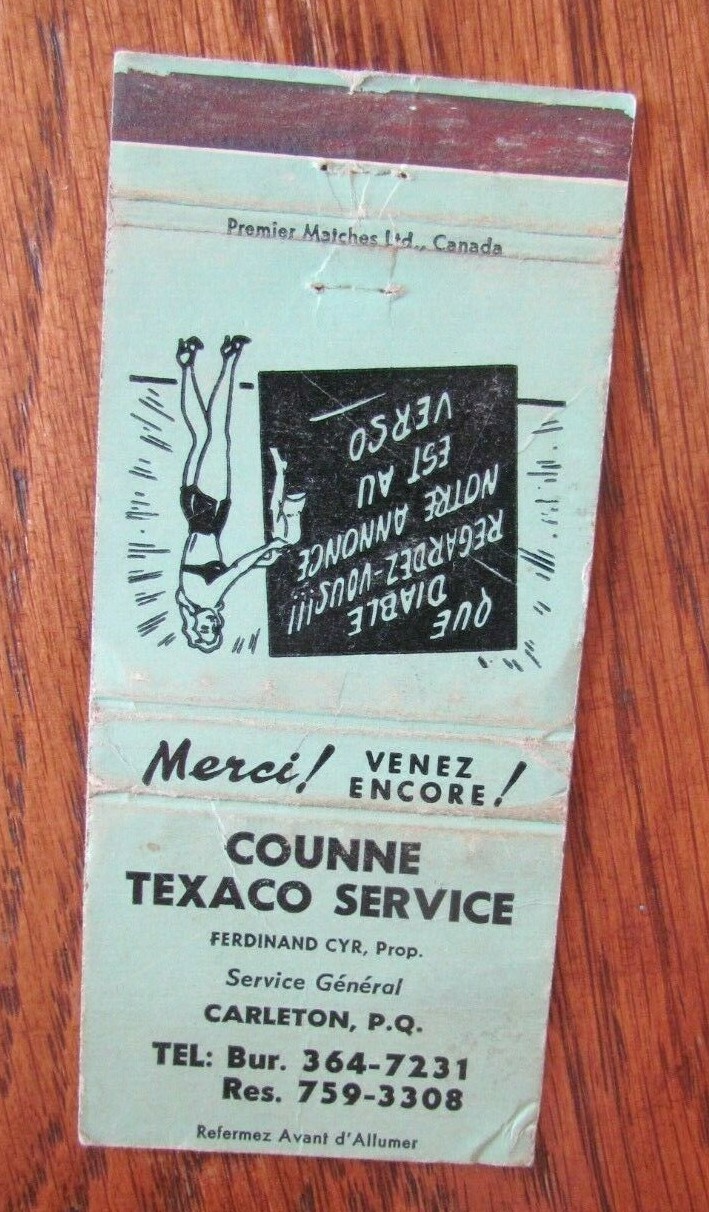 GIRLIE MATCHBOOK MATCHCOVER: COUNNE TEXACO GAS STATION CARLETON, QUEBEC ...