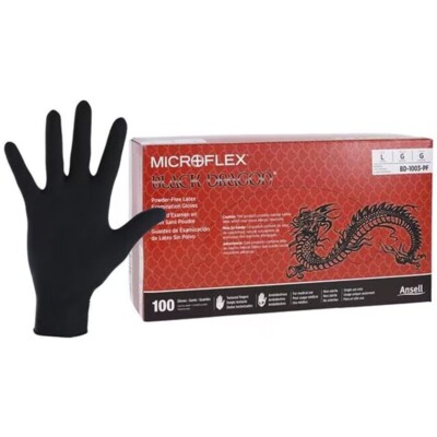 *100-Gloves* Microflex Black Dragon PF Examination Latex Large BD-1003 ...