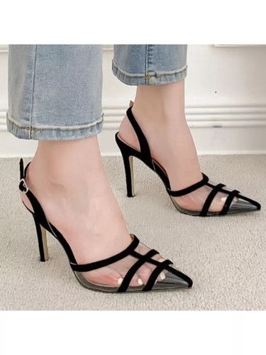 Pumps Damenschuhe Absatz Hoch 9.5 CM Gurt Schwarz Leder Kunststoff ...