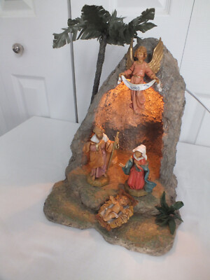 Fontanini lighted 12"x9" GROTTO palm tree NATIVITY 5" Mary Joseph Jesus ...