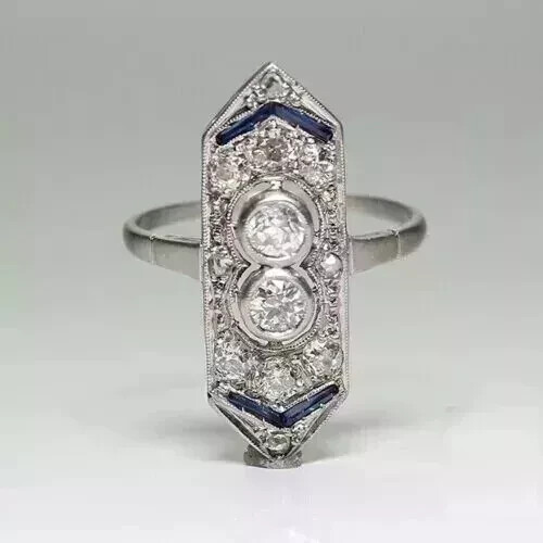 Art Deco Vintage Style Lab Created Diamond & Sapphire 925 Silver ...