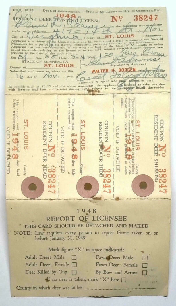 1948 Virginia Minnesota Resident Firearm Deer Hunting License w/ Report ...