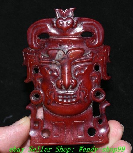 3" Old Dynasty Natural Hetian Red Jade Carve People Beast Face Head ...