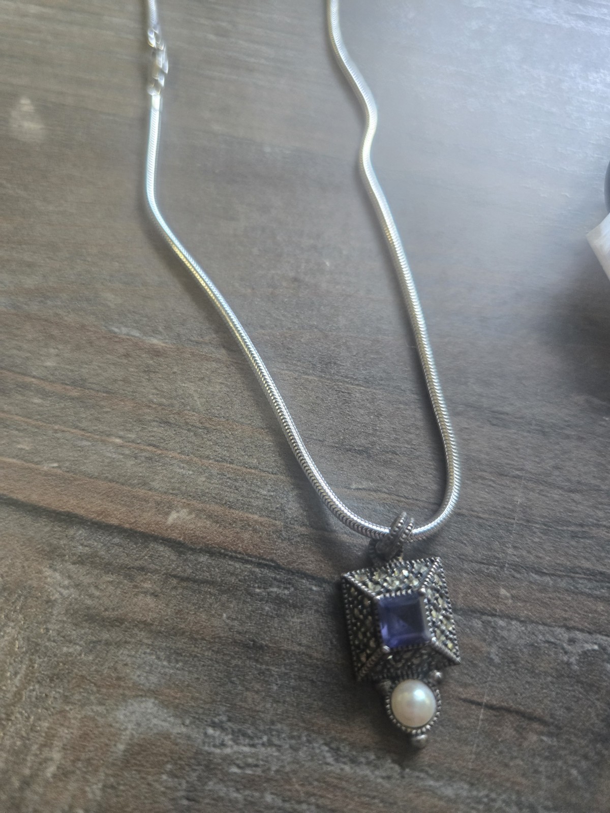 Silver Tone Metal Snake Chain Necklace w/ Square Purple Stone Charm ...