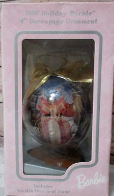 1997 Holiday Barbie 4" Decoupage Ornament with wooden stand In Box ...