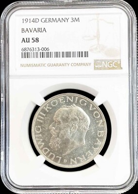 1914 D SILVER BAVARIA GERMAN STATES 3 MARK LUDWIG III COIN NGC ABOUT ...