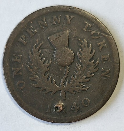 1840 PROVINCE NOVA SCOTIA CANADA THISTLE VICTORIA 1 PENNY TOKEN COIN ...