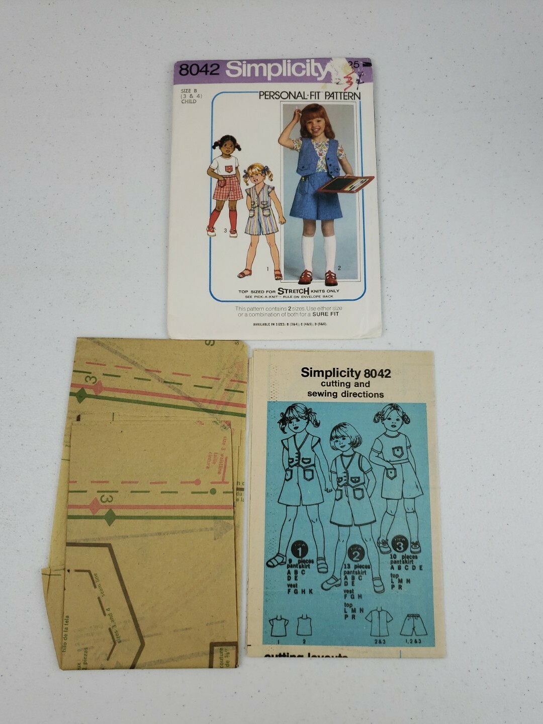 RARE 1977 SIMPLICITY 8042 SIZE B 3 &4 CHILD TOPS VEST SHORTS SEWING ...
