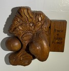 Hand Carved Wood Face Stuck Between ‘Rock + Hard Place’ Signed Vintage ...