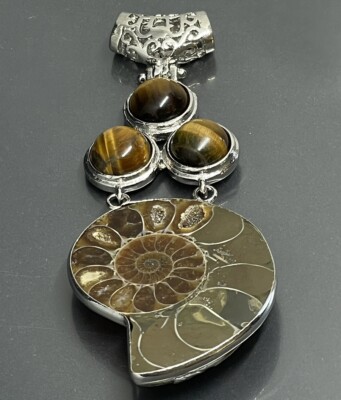 Women’s Pendant Silver Tone Ammonite Shell Round Tiger’s Eye Chunky ...