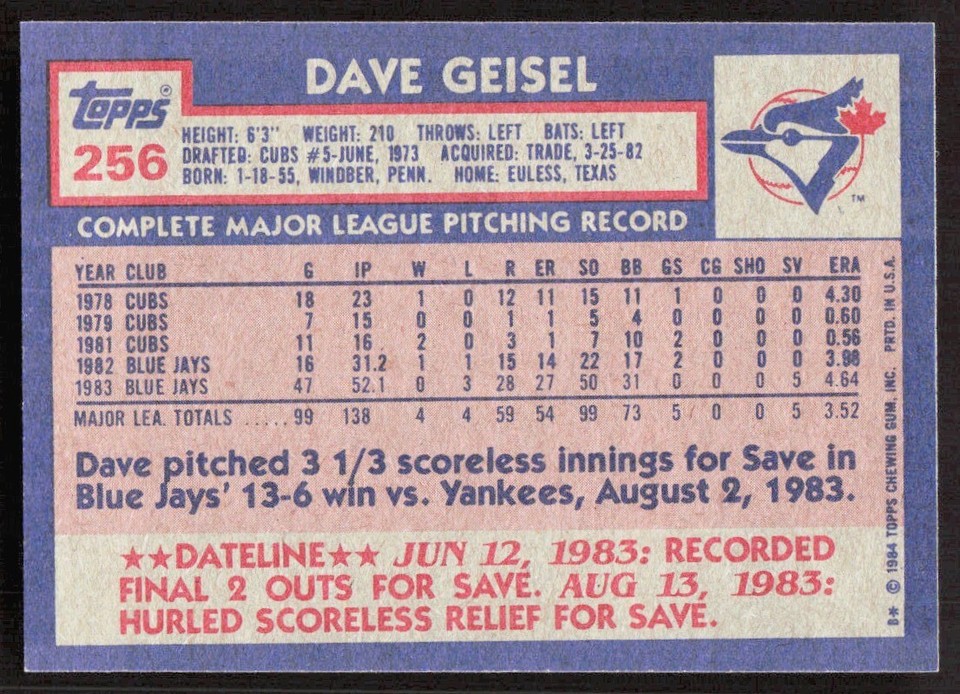 1984 8669A Topps Dave Geisel Toronto Blue Jays #256 | eBay