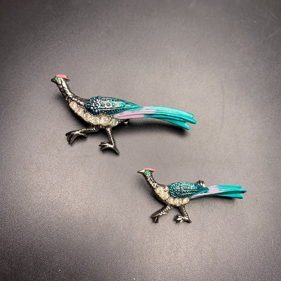 Peacock Brooch Pin Set Pair Rhinestone Enamel Running Bird Vintage | eBay