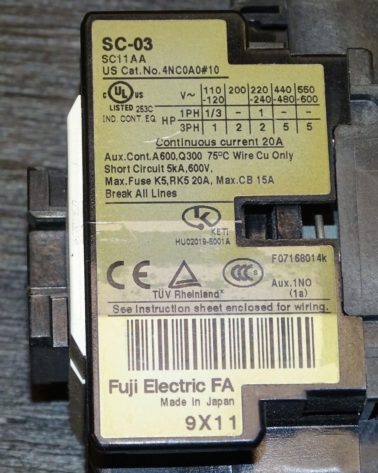 Fuji Electric Contactor, Type: SC-03, Cat. No. SC13AA, 220-240 Volt ...