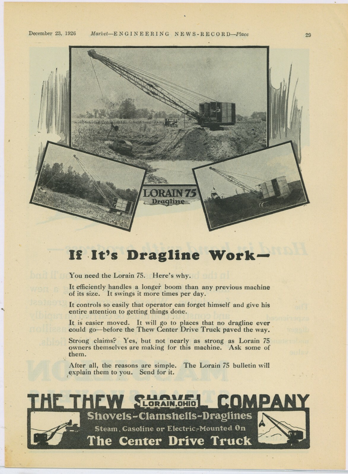 1926 Thew Shovel Co. Ad: Lorain 75 Draglines on the Job - Lorain, OhiO ...