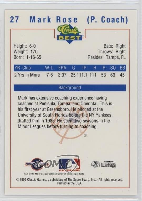 1992 Classic Best Greensboro Hornets Mark Rose #27 | eBay