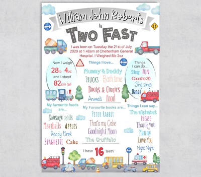 Personalised 'Two Fast' Second Year Age 2 Birthday Milestone Record ...