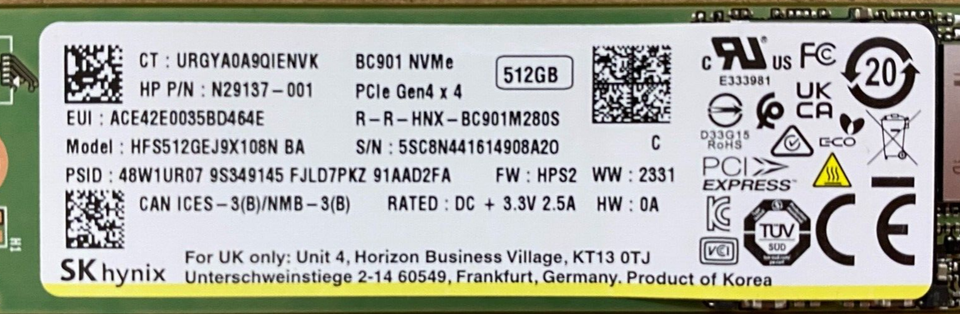 SK Hynix 512GB NMVe M.2 80mm SSD HFS512GEJ9X108N N29137-001 BC901 | eBay