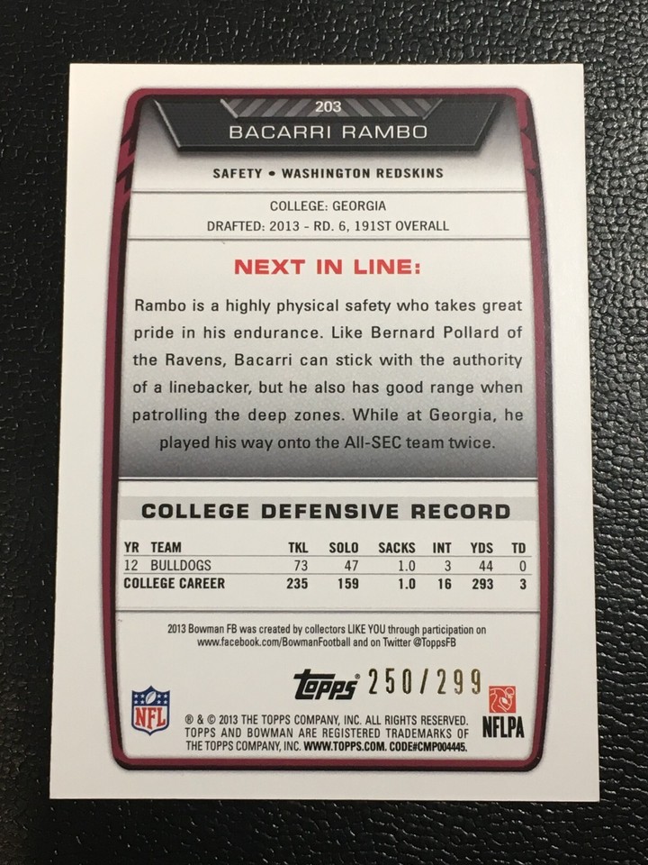 Bacarri Rambo 2013 Bowman Orange #203 /299 Washington Redskins | eBay