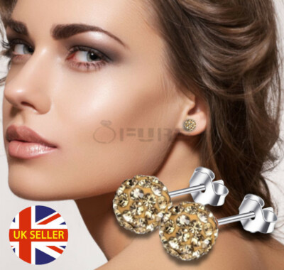 Hypoallergenic 8MM Gold Disco Ball Pierced Ear Stud Earrings 925 ...