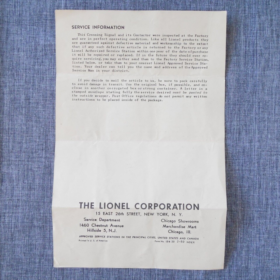 1950 Lionel No. 154 Crossing Signal Instruction Sheet Model Railroad ...