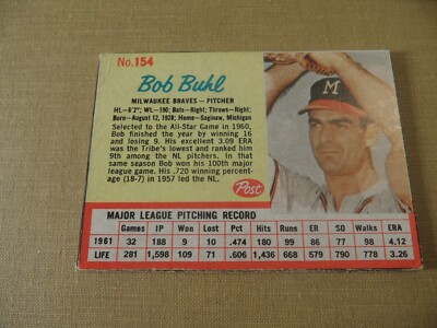 2A-125 1962 Post cereal baseball card #154 Bob Buhl MILWAUKEE BRAVES | eBay