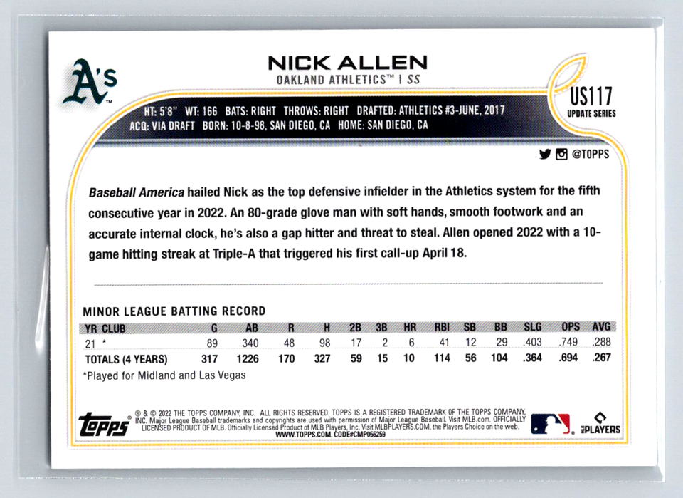 2022 Topps Update #US117b Nick Allen -Short Print Image Variations (SP ...